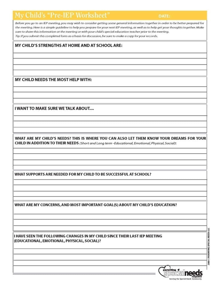 "Pre-IEP Worksheet for Parents" {Tip 27 of 31} - Parenting Special ...