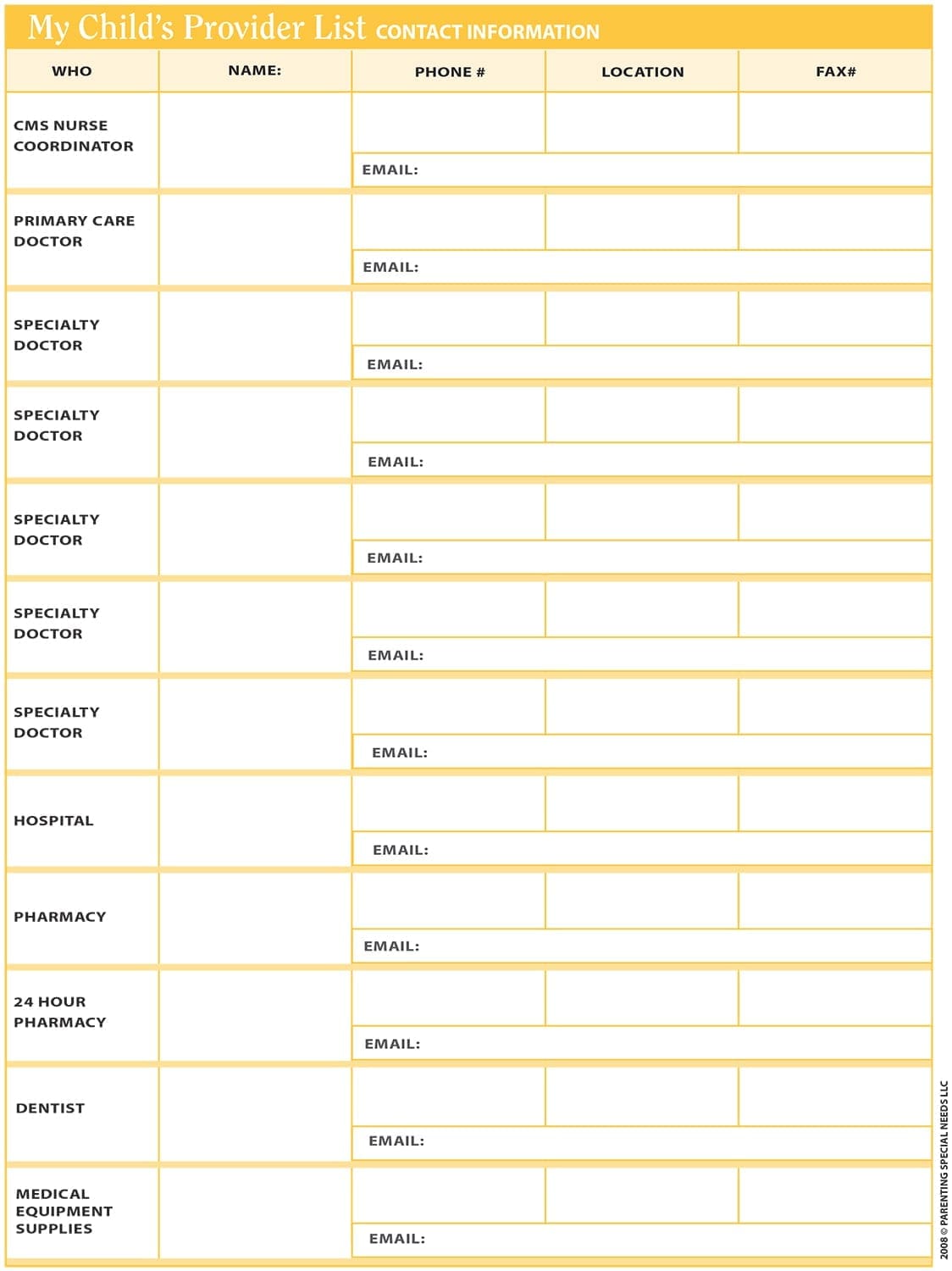 My Child’s Medical Provider List Contact Information – Parenting ...